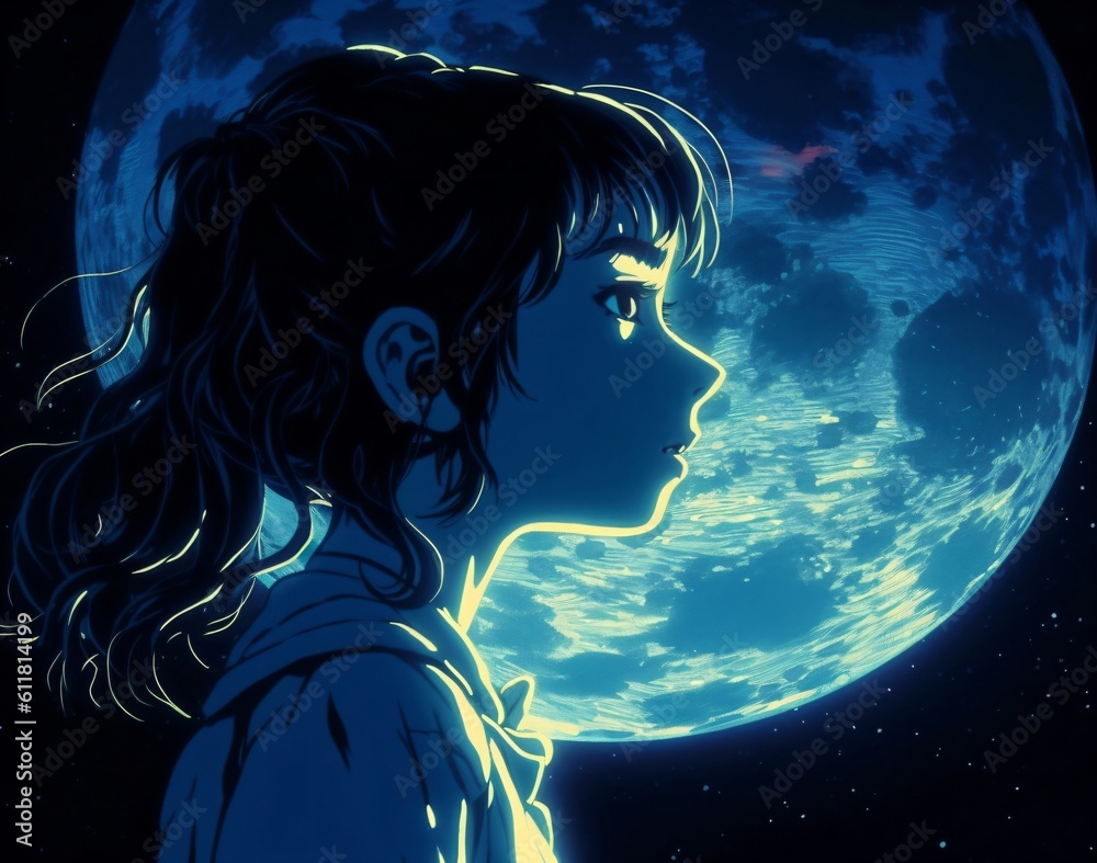 anime girl in side profile under full moon created with Generative AI ...