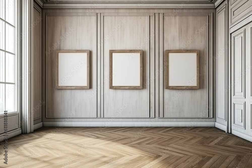 On a white wall, there are square wooden frames with passe partout. timber mock-up frame in the ...