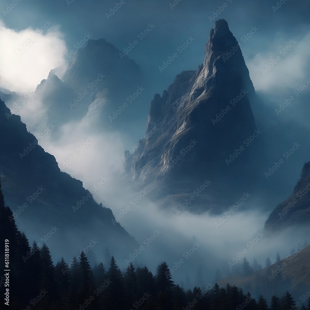A mysterious mountain range, with fog-shrouded peaks and hidden caves.Generative AI Stock ...