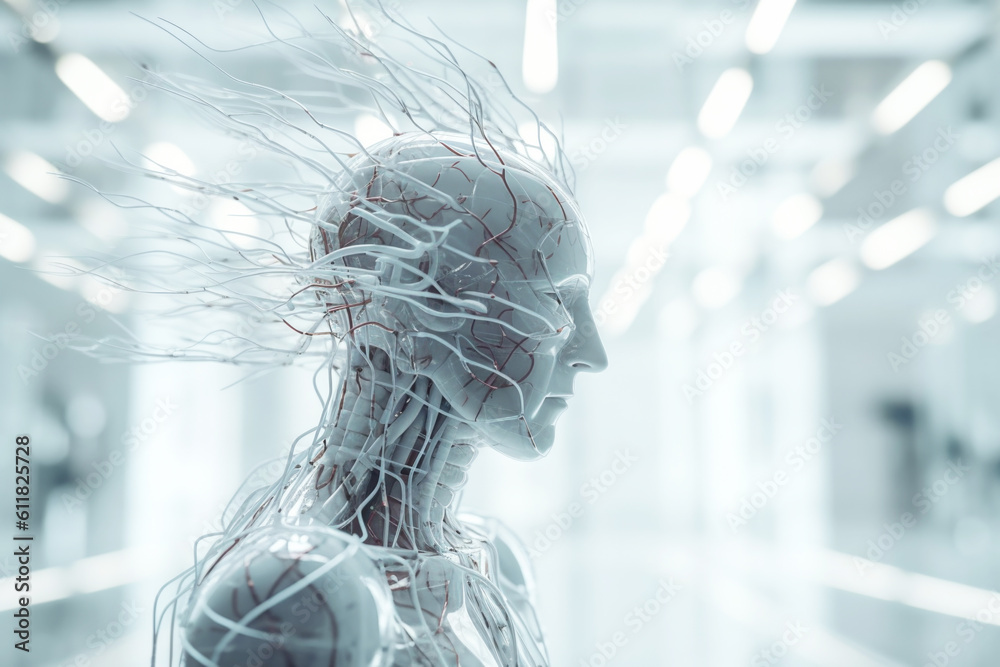 AI robot with exposed nervous system nerves in science lab. Generative ...