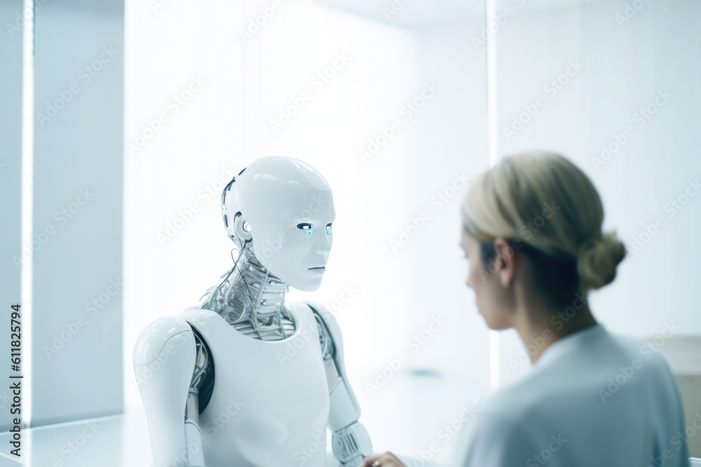 Human scientist working on AI robot in science lab. Generative AI ...