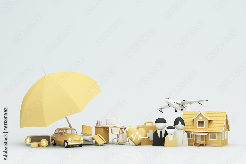 Home insurance concept, cartoon home, car, life, family and medical ...