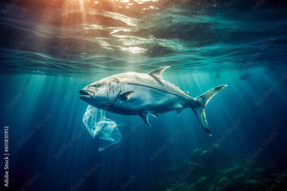 Tuna fish tangled in a plastic bag in the ocean, pollution concept ...