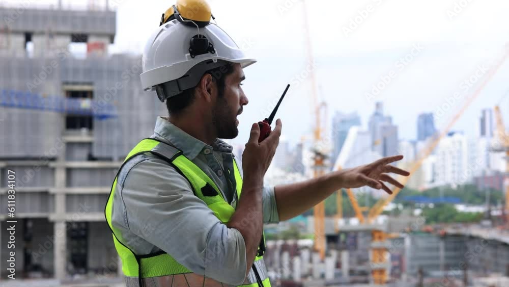 Slow-motion Construction engineer hard working on site of new building ...