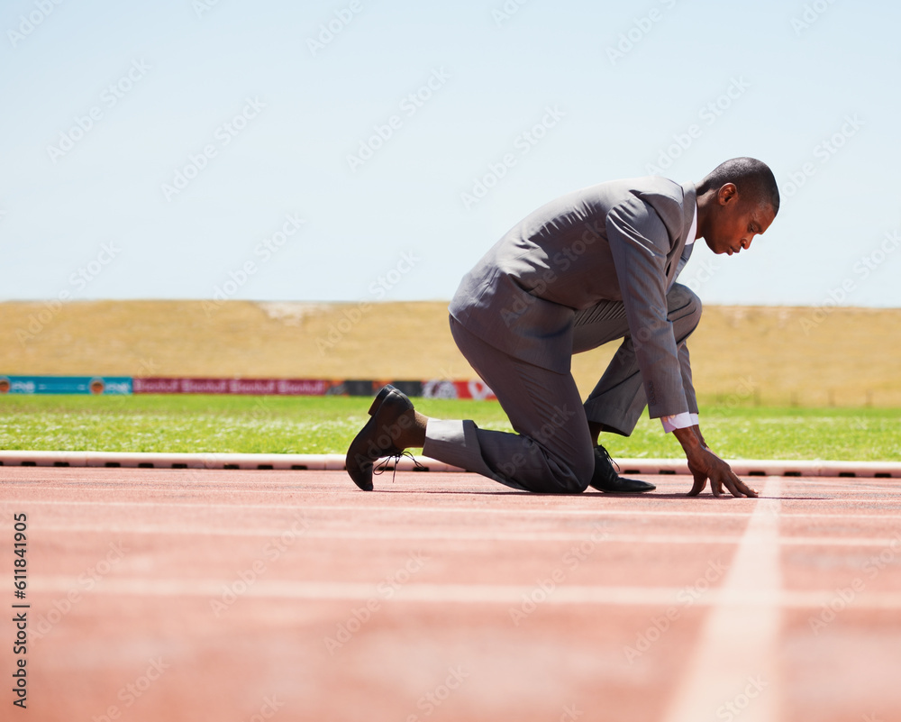 Start, race track and man in a suit for sport, running and fitness ...