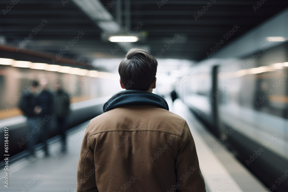 Rear view of a handsome young man waiting for a subway train in ...