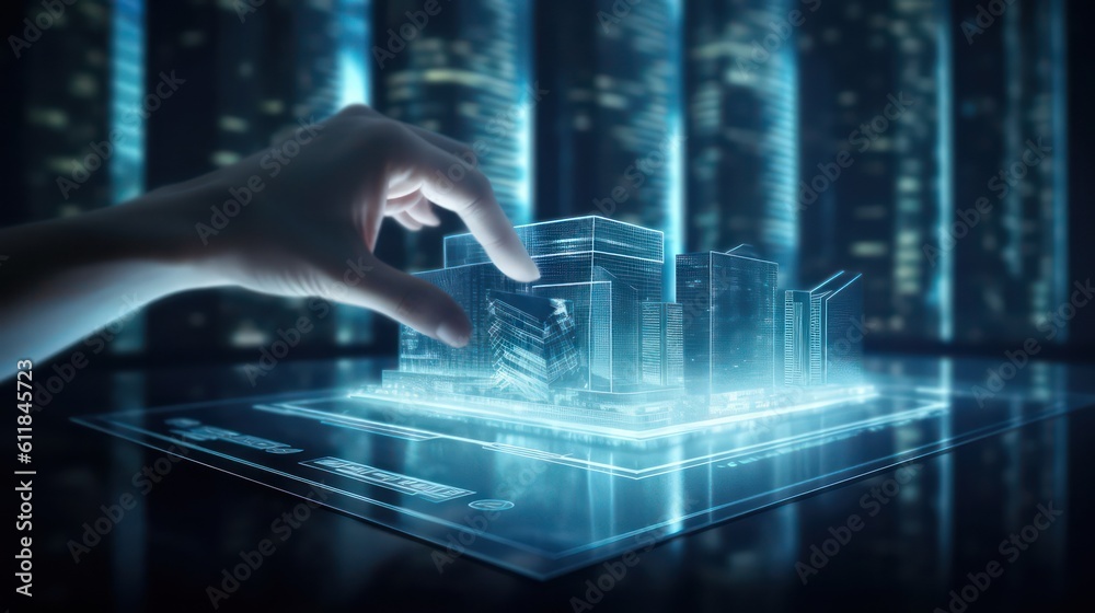 Hand pointing at digital virtual reality modern commercial building ...