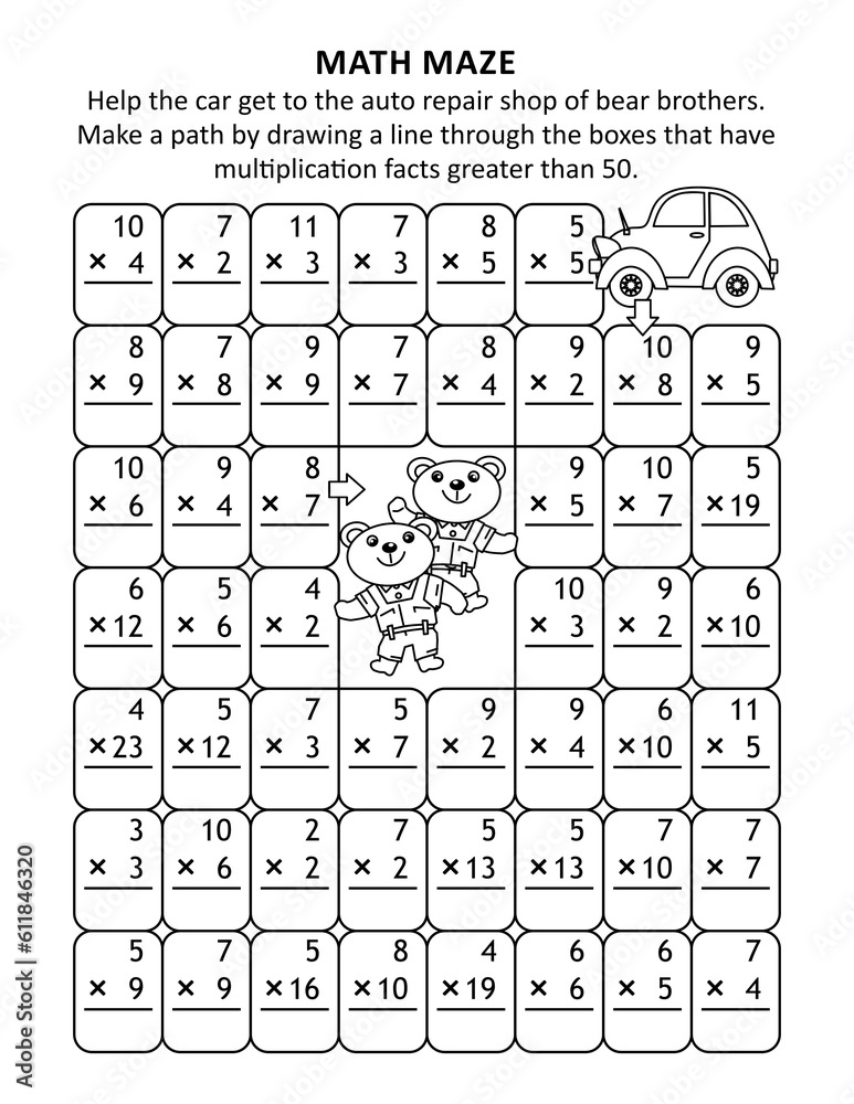 Math maze to learn or reinforce multiplication with car and bears ...