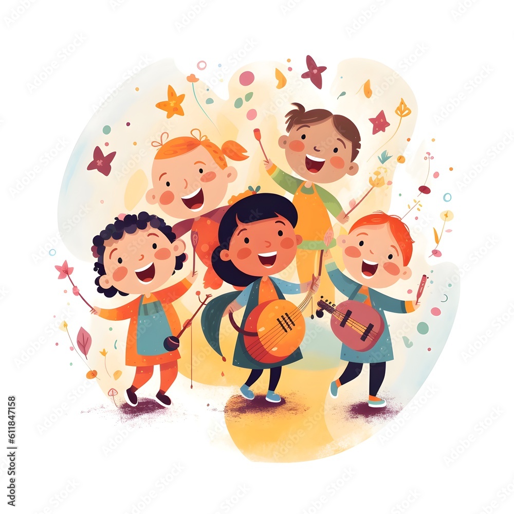 Little children dancing and playing flat art for kindergarten cover ...