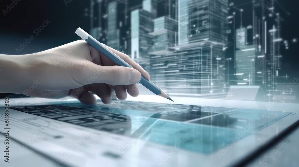 AI generated 3D image of human's hand using a pen writing on a digital ...