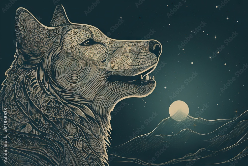 a drawing of a wolf with a full moon in the sky behind it and mountains ...