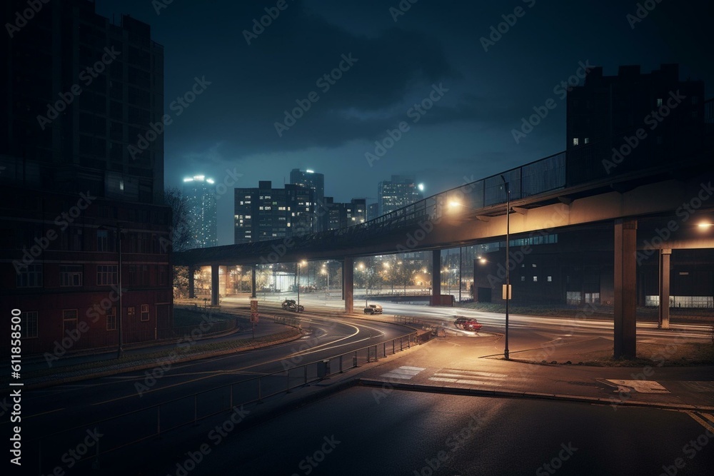 Cityscape backdrop with bridge overpass and empty asphalt road ...