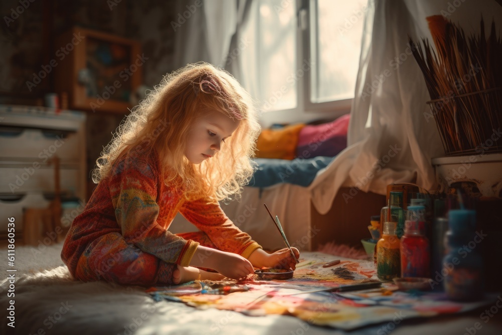 Female Caucasian child drawing in art room artist draw. Generative AI ...