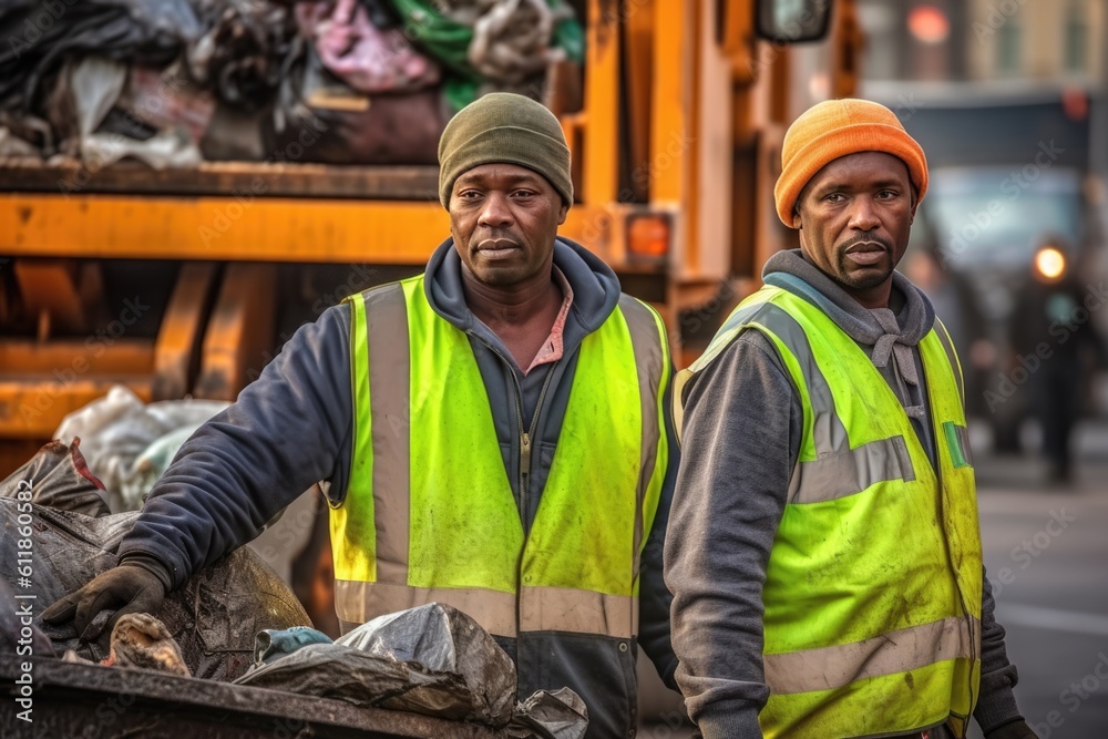 Two refuse collection workers loading garbage into waste truck emptying ...