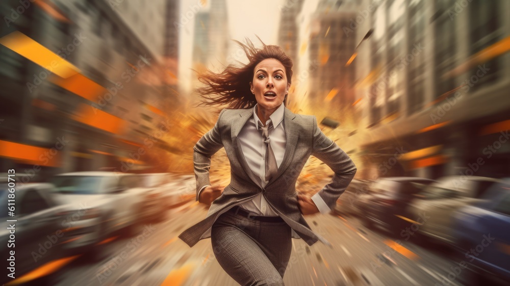 The rapid businesswoman running fast racing with time in chaotic and ...