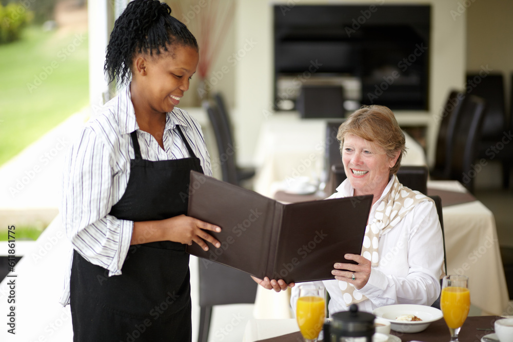 Waitress, service and senior woman in a restaurant for breakfast or ...