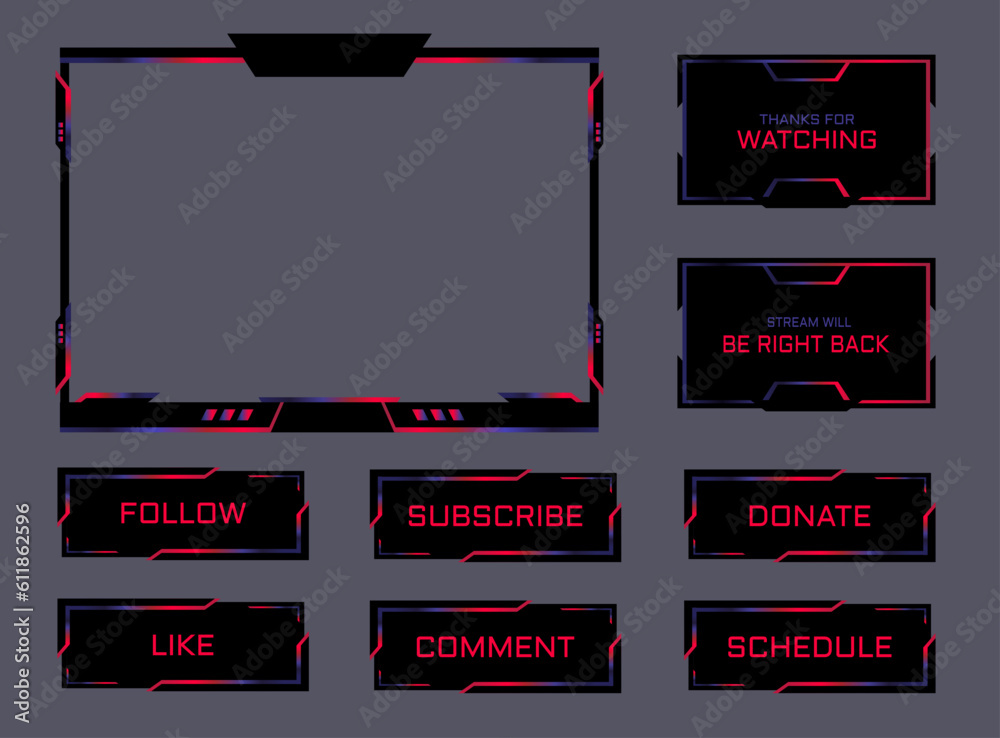game live stream panels bundel,overlay frames and buttons with red blue ...