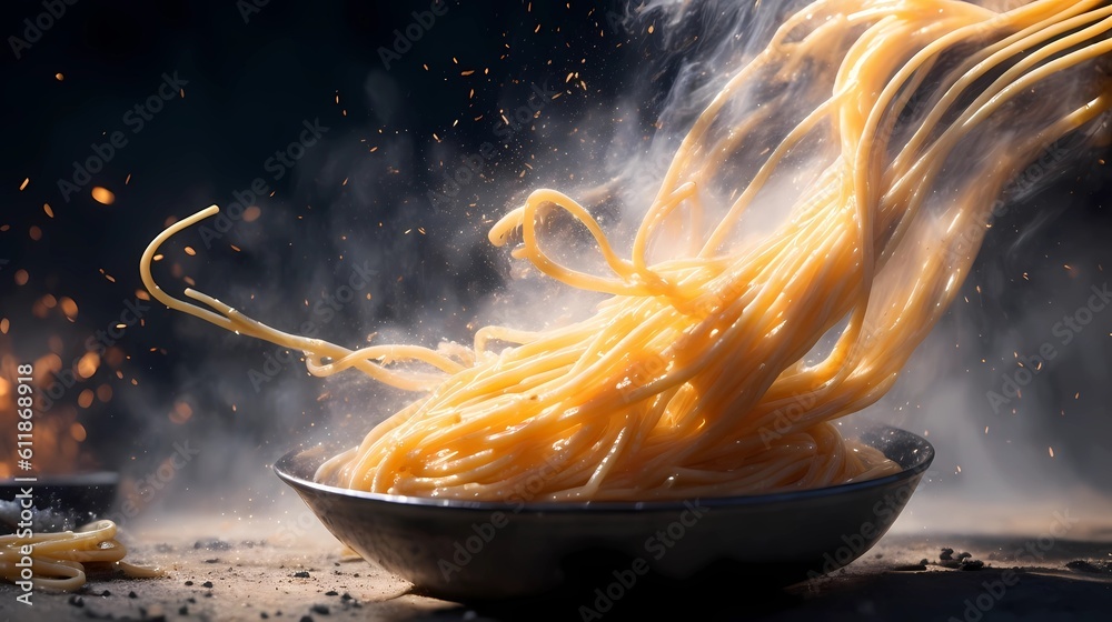 noodle in a bowl on a dark background with smoke and fire. generative ...