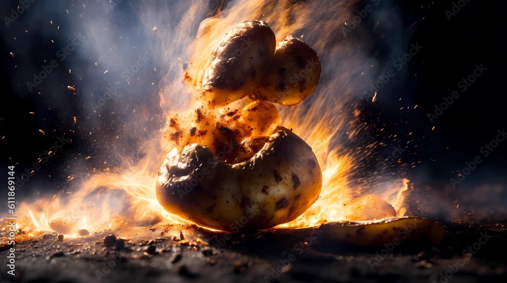 Potato with flames and smoke on a black background. generative Ai art ...