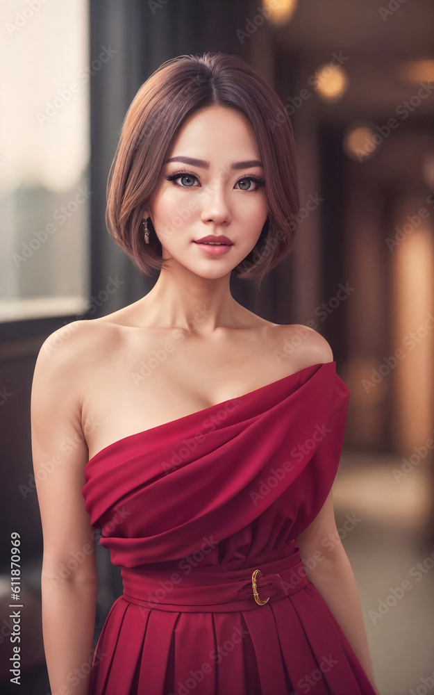 portrait photo of beautiful asian woman in dress at luxury hall night ...