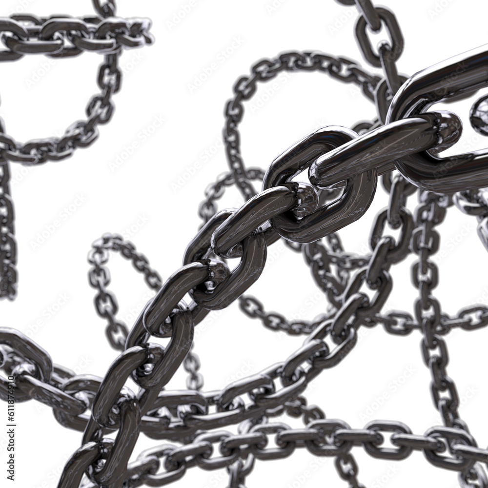 macro intertwined 3d chrome metal chains render flying on transparant ...