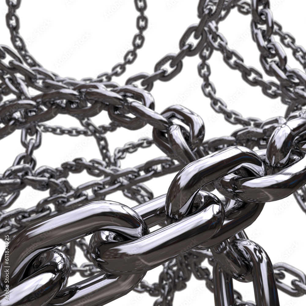 macro entangled 3d chrome metal chains vortex render flying on ...