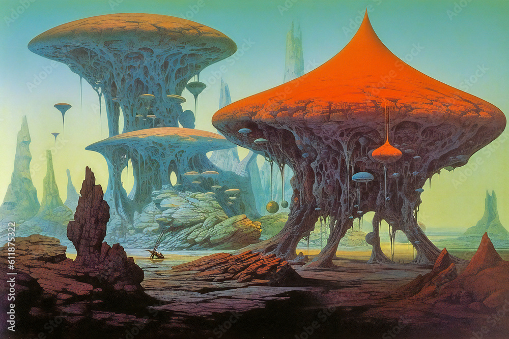 Weird, surreal landscape on a strange alien planet. Created with ...