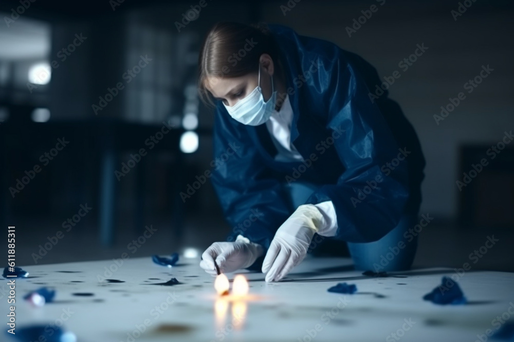 unrecognizable female forensic scientist looking at a pistol bullet ...