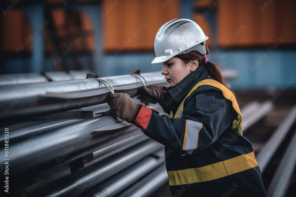 unrecognizable Female Steel Factory Worker at work moving steel poles ...