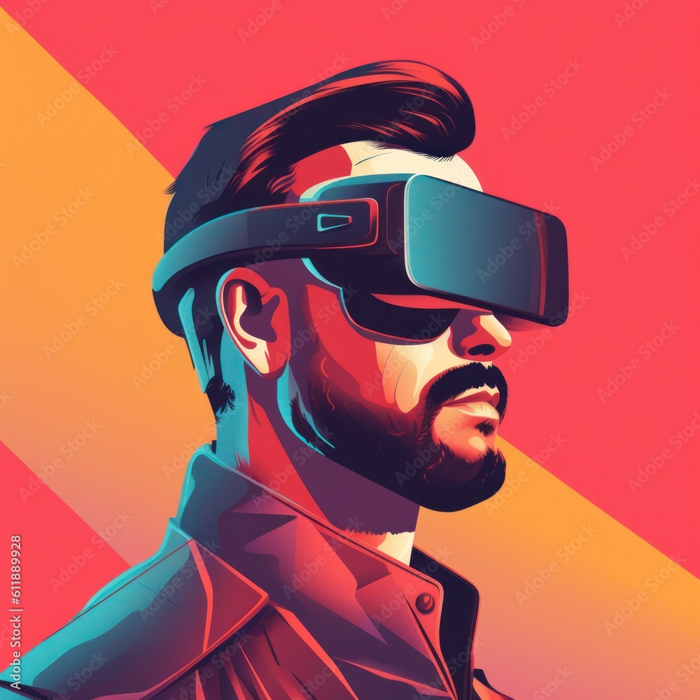Man wearing VR Goggle Headset, virtual reality metaverse illustration ...