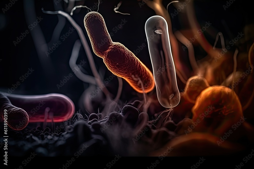Helicobacter pylori bacterium. 3D rendering, Microorganism cells close ...