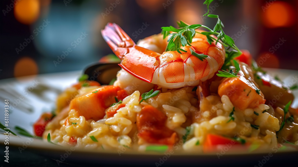 Traditional Italian risotto with seafood, shrimp and mussels, tomatoes ...