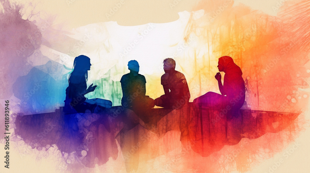 Watercolor Painting of a Group Therapy Session, Mental Health Concepts ...