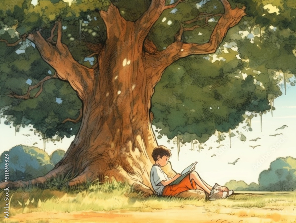 2D cartoon illustration of a child reading a book under a shady tree ...