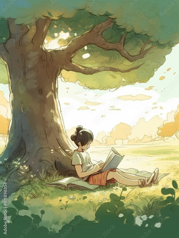 2D cartoon illustration of a child reading a book under a shady tree ...