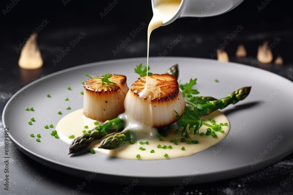 luxury dish - grilled scallops with asparagus and creamy espuma ...