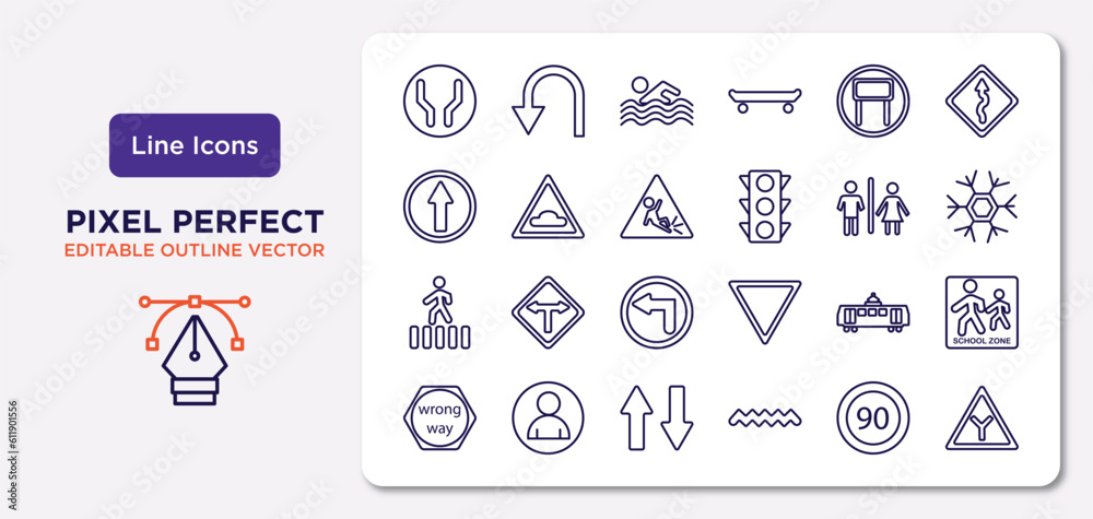 traffic signs outline icons set. thin line icons such as wide road ...