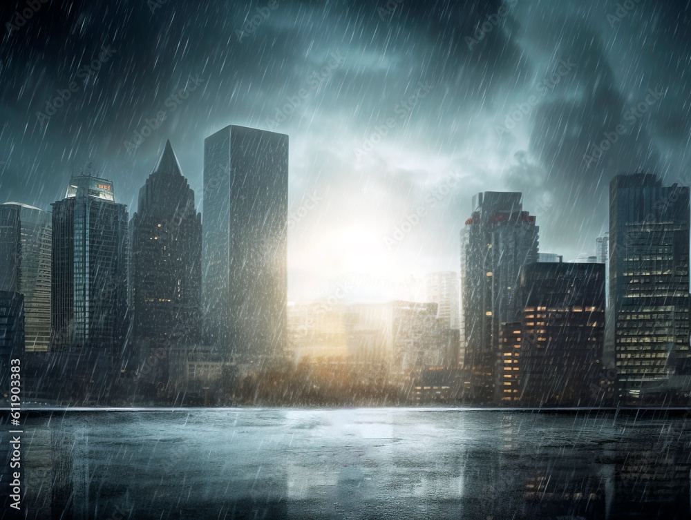 Rainy day. Rooftop of skyscraper. Cityscape view. City background. Ai ...