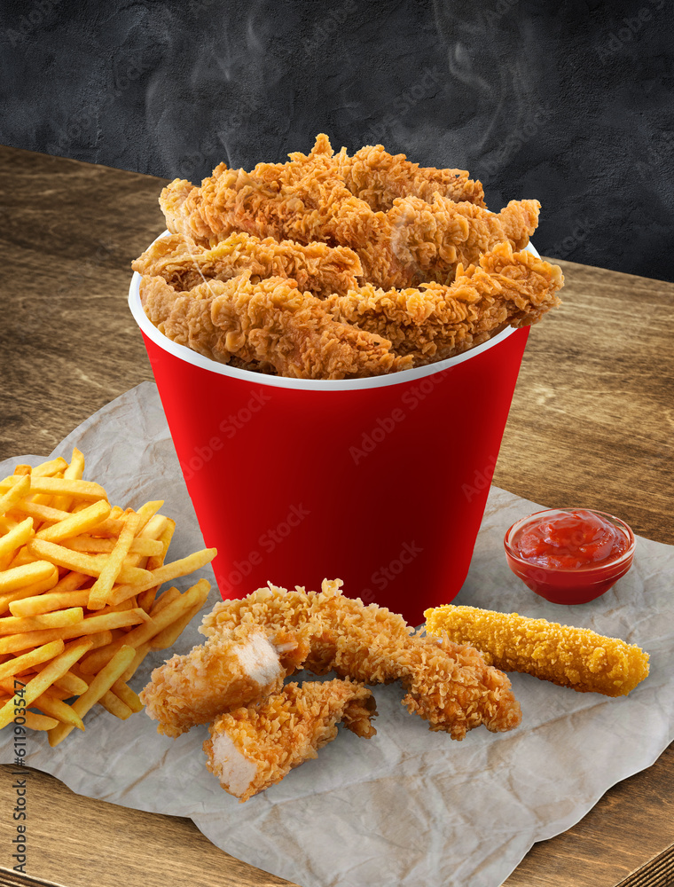 Fried chicken bucket on a table, with fries, and crispy golden pieces ...