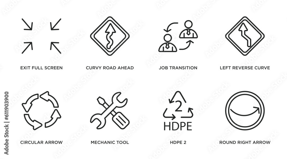 user interface outline icons set. thin line icons such as exit full screen arrows, curvy road ...
