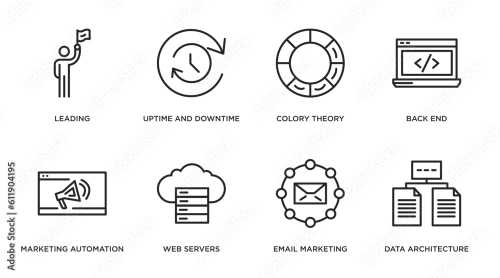 technology outline icons set. thin line icons such as leading, uptime ...