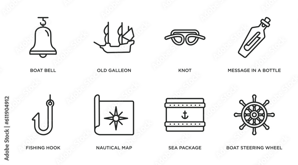 nautical outline icons set. thin line icons such as boat bell, old ...