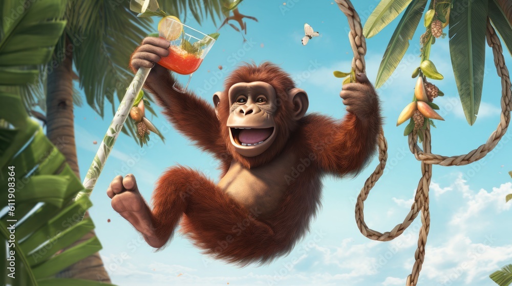 A carefree monkey swinging from a beach vine, wearing a Hawaiian shirt and enjoying a refreshing ...