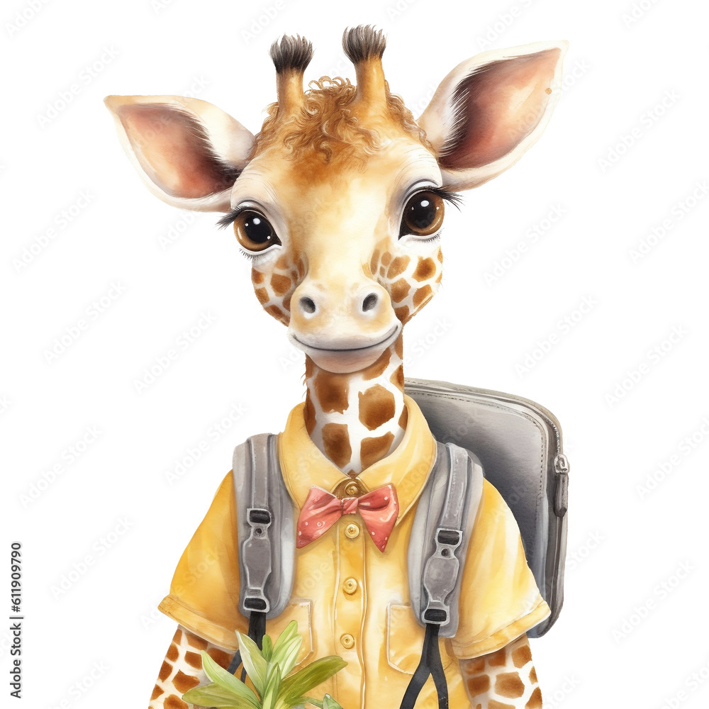 Animal Back to School, Baby Giraffe Watercolor Illustration, School ...