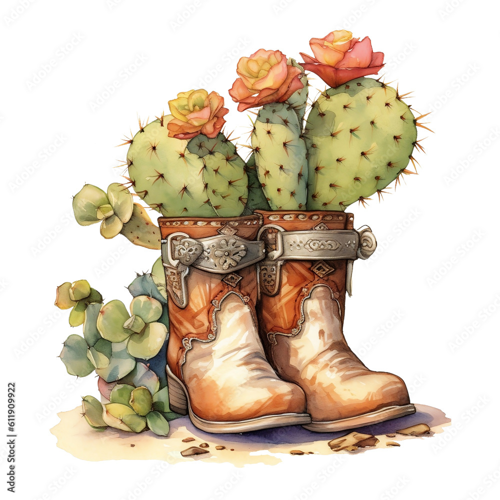 Western Boots with Cactus Watercolor Clipart, Cowgirl Boots, Cowboy ...