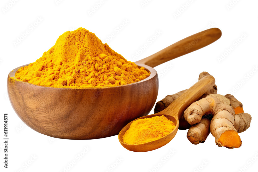 Finely dried Turmeric (Curcuma longa Linn) powder in a wooden bowl and ...