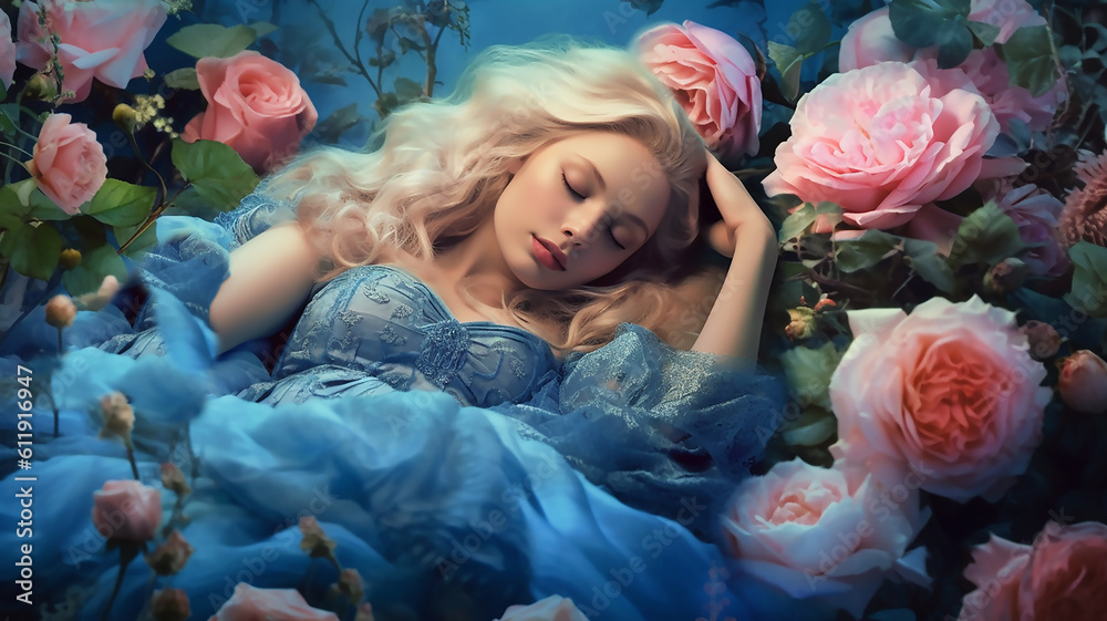 fantasy woman sleeping beauty sleep on the bed, mystical garden wthis ...