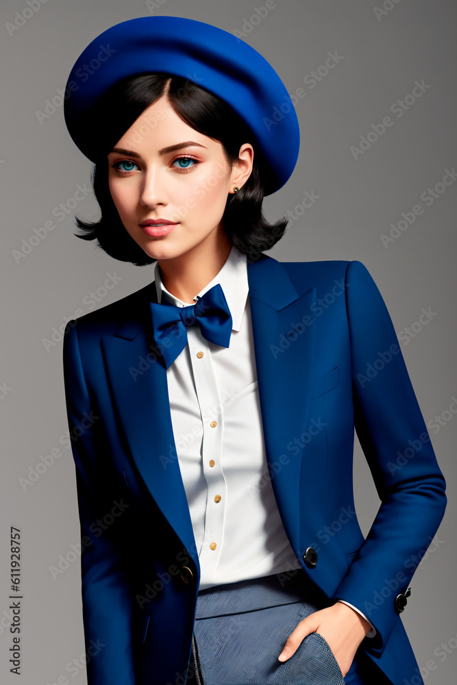 Fashion through the eyes of AI. A woman in a blue suit and hat poses ...
