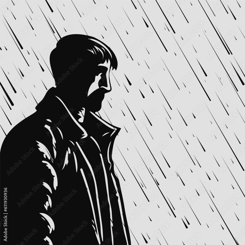 Sad man standing under the rain. Major depressive disorder. Vector ...