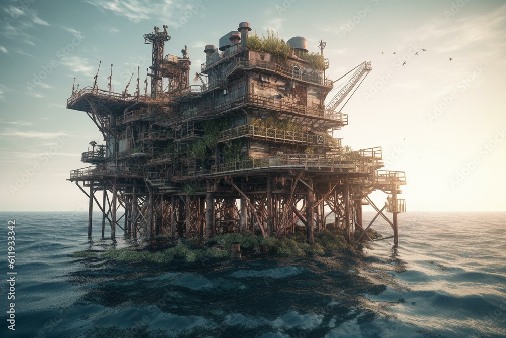 Overgrown oil rig in ocean, climate conservation, pollution. Generative ...